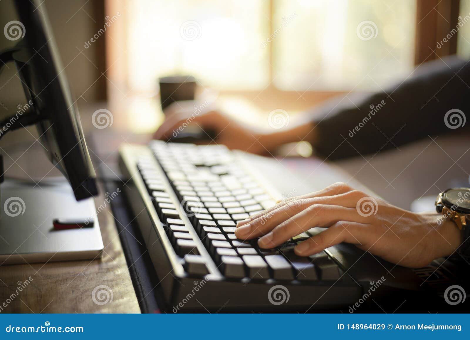 Sit and Work on the Computer, Sip Coffee in the Morning Stock Image ...