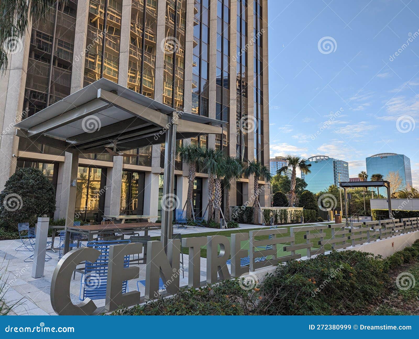 Sitting Area in Front of Skyscraper Downtown Stock Image - Image of ...
