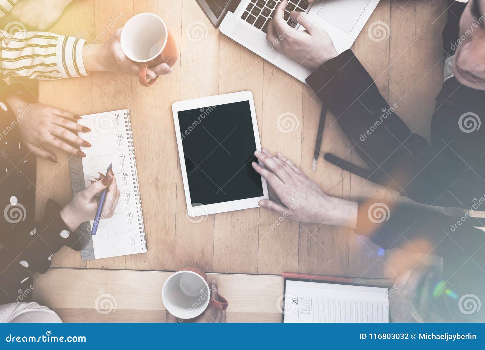 Team Around Tablet Computer with Copy Space, Small Business Office with ...