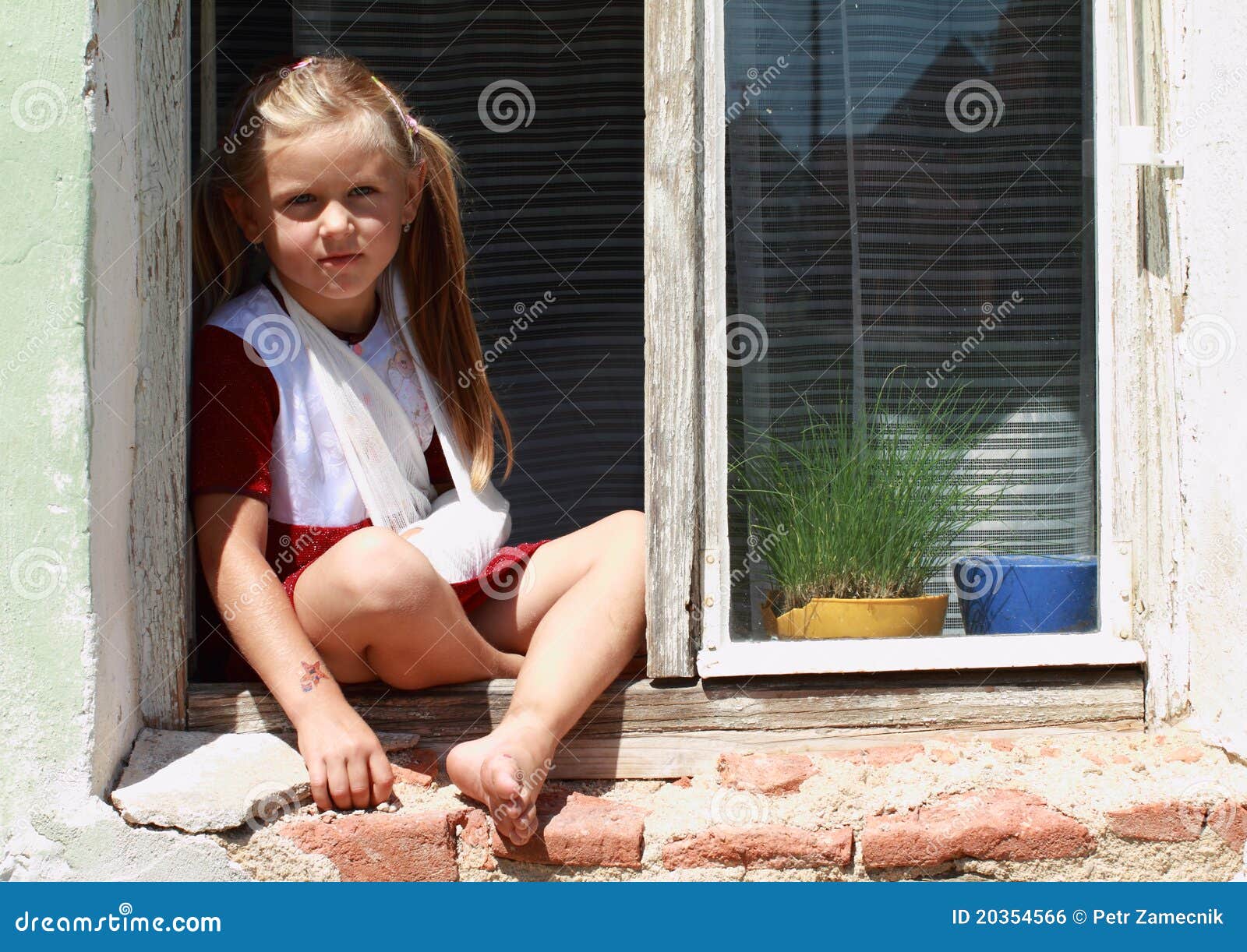 Sitting Barefeet Girl In A Window With Broken Hand Royalty-Free Stock ...