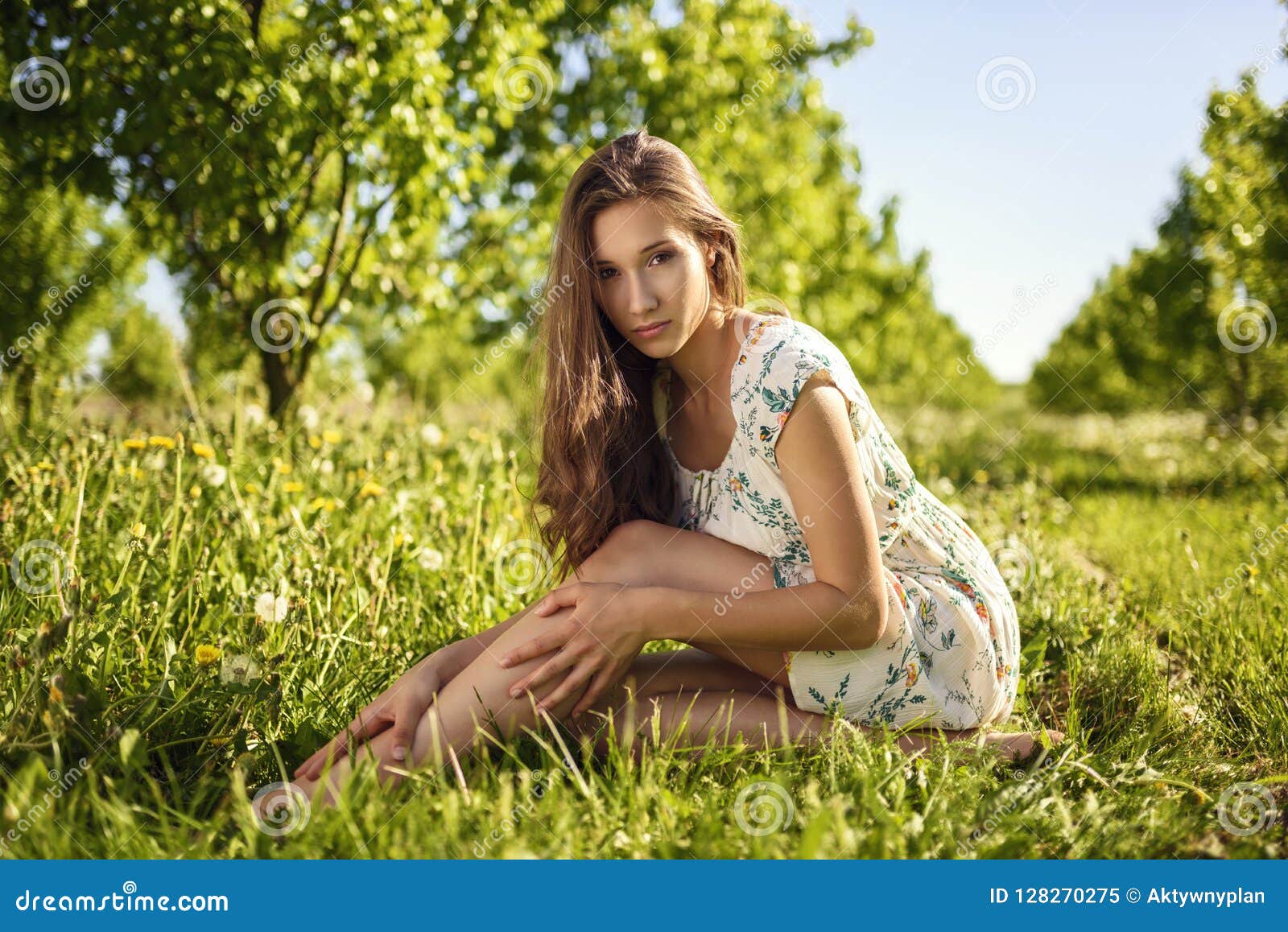 Sitting Beauty Girl In The Garden Stock Image Image Of Hair Field