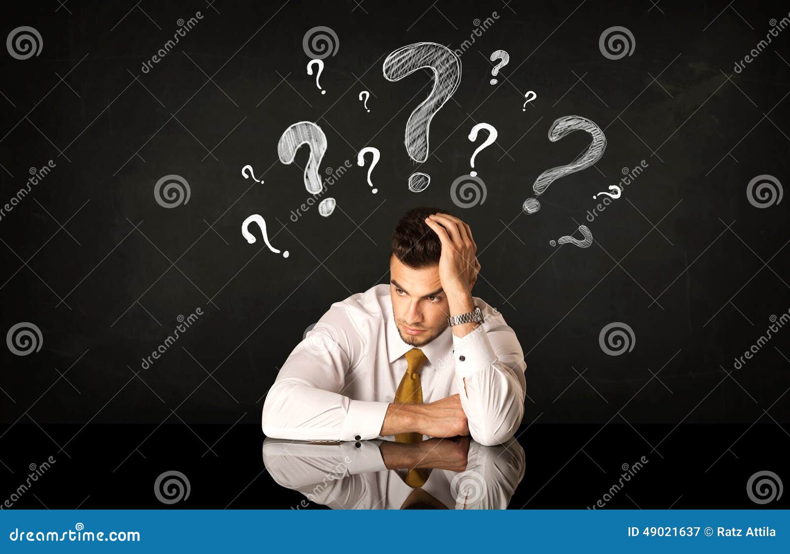 Sitting Businessman Under Question Marks Stock Image - Image of adult ...