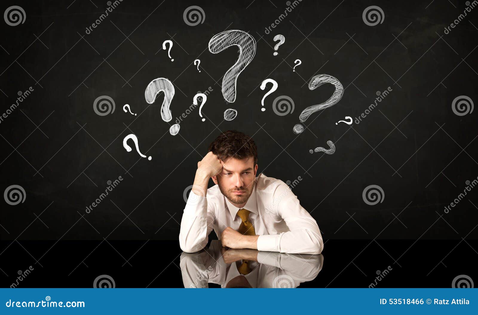 Sitting Businessman Under Question Marks Stock Photo - Image of asking ...