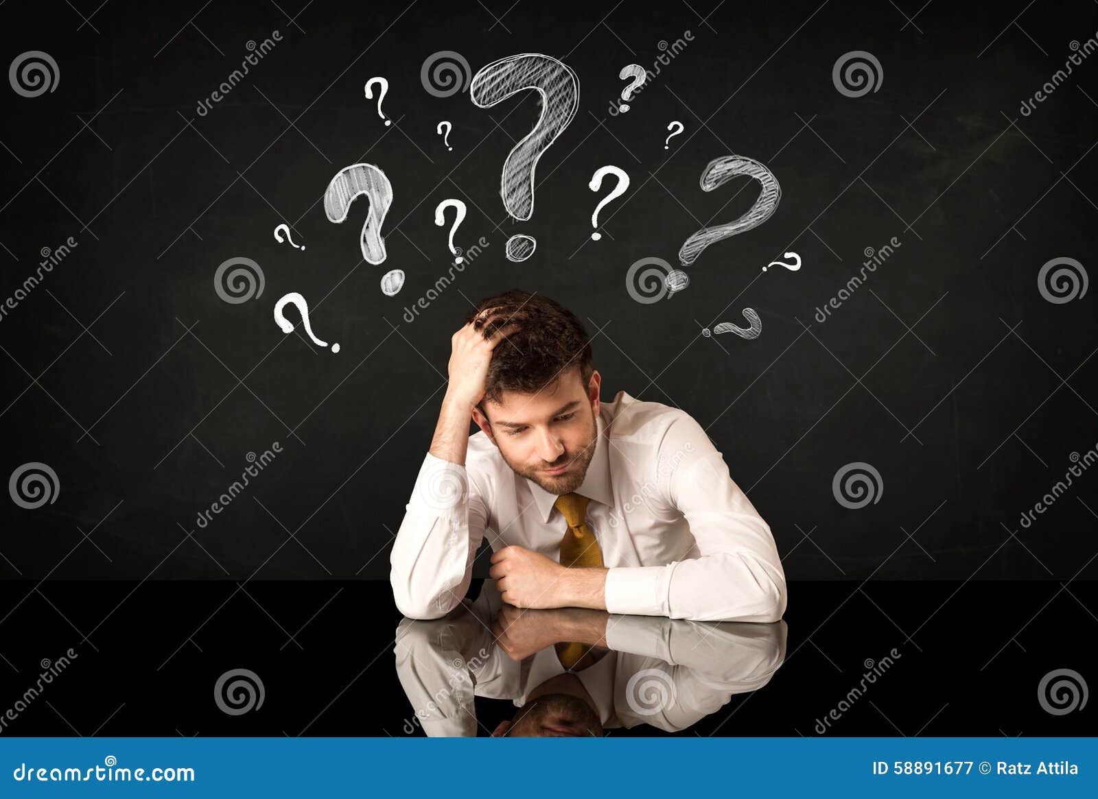Sitting Businessman Under Question Marks Stock Image - Image of head ...