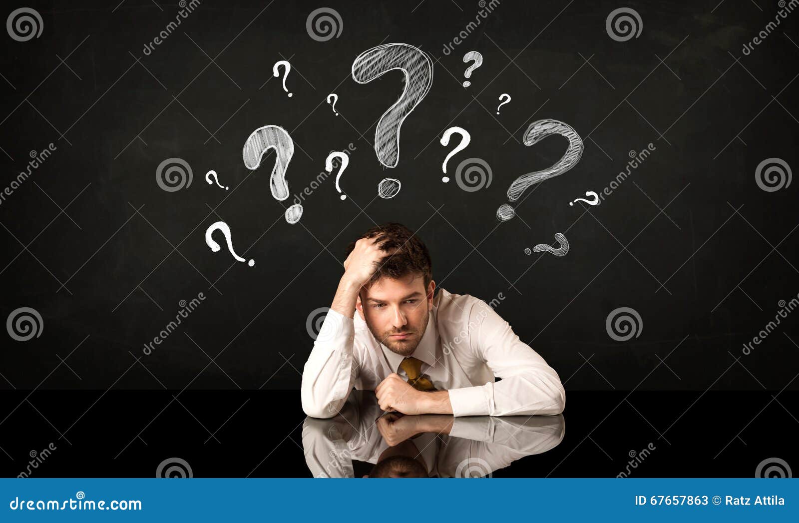 Sitting Businessman Under Question Marks Stock Image - Image of ...