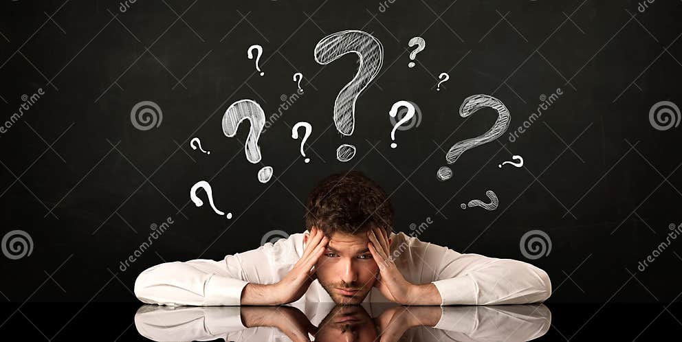 Sitting Businessman Under Question Marks Stock Photo - Image of decide ...