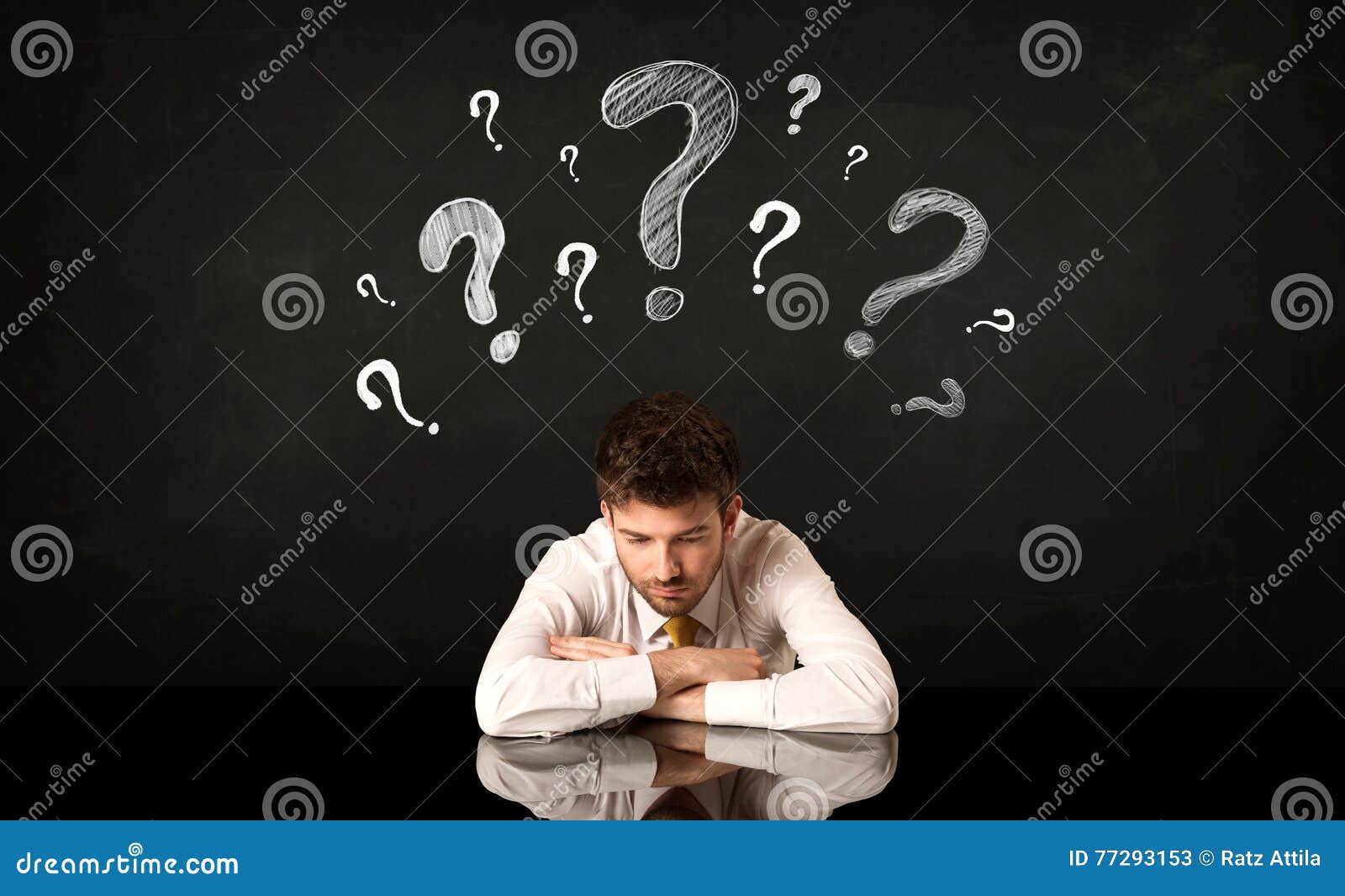 Sitting Businessman Under Question Marks Stock Image - Image of choose ...