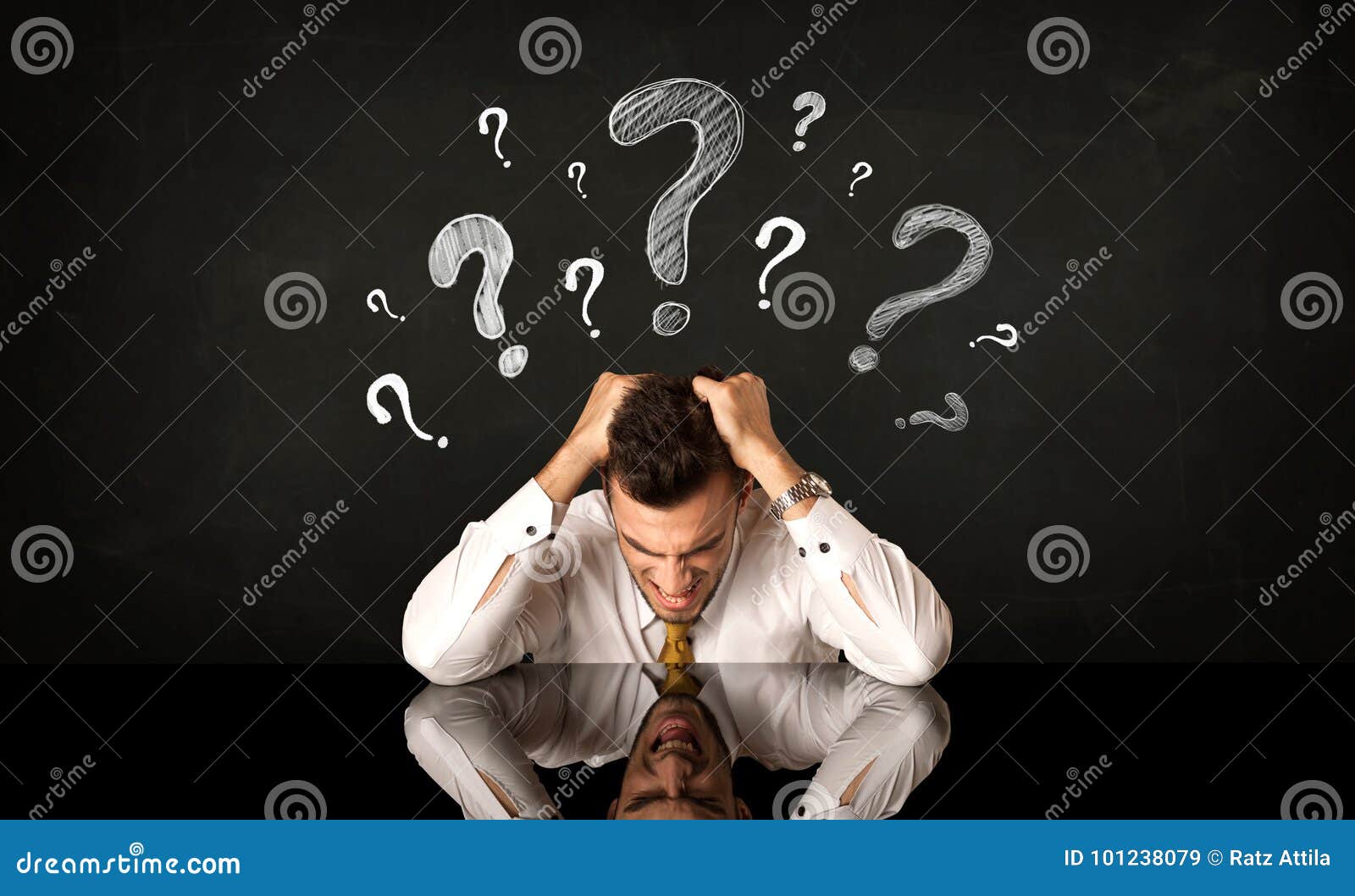 Sitting Businessman Under Question Marks Stock Image - Image of casual ...