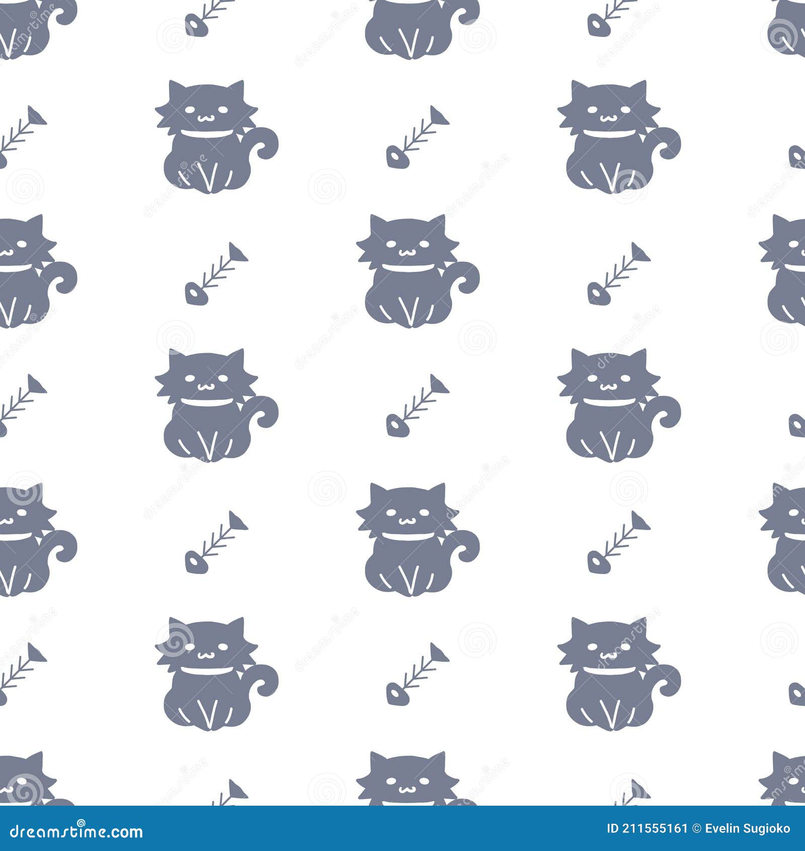 Sitting Cat and Fish Bone Vector Silhouette Seamless Pattern Stock ...