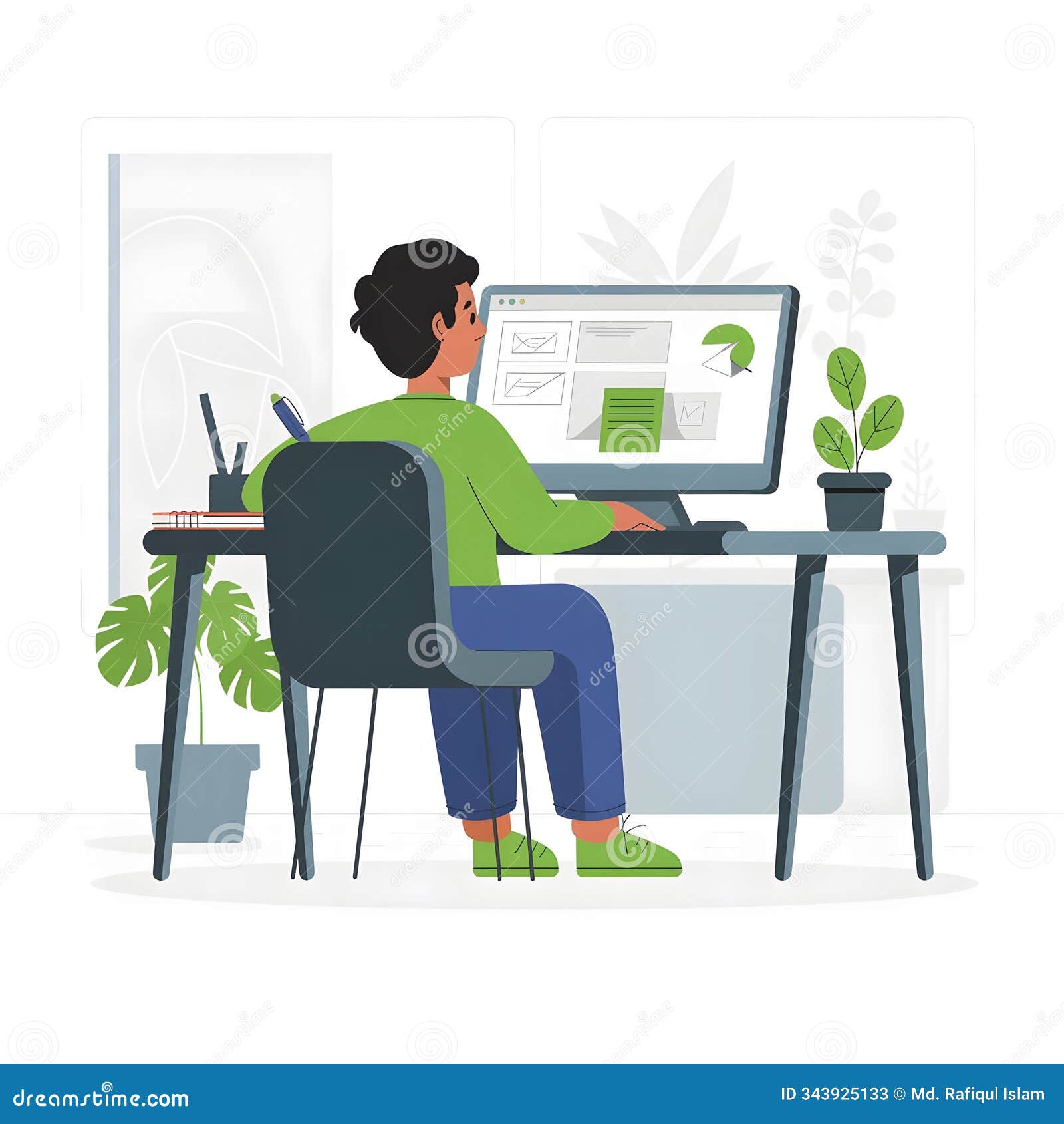 Sitting on a Computer Table Line Art Illustration Stock Vector ...