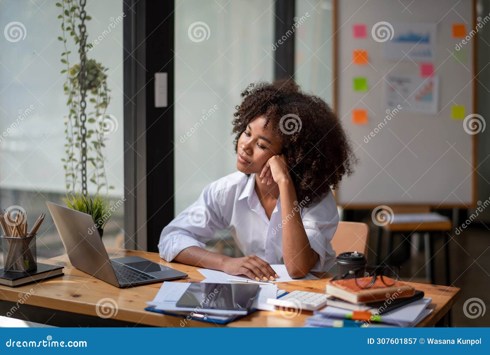Sitting at Desk in Office and Thinking Work Plan Stock Image - Image of ...