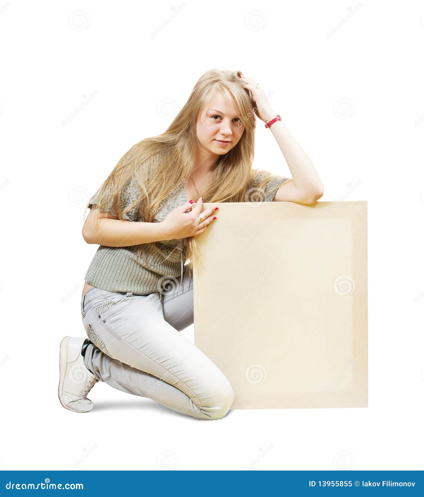 Sitting Girl with Empty Poster Stock Image - Image of pointing, placard ...