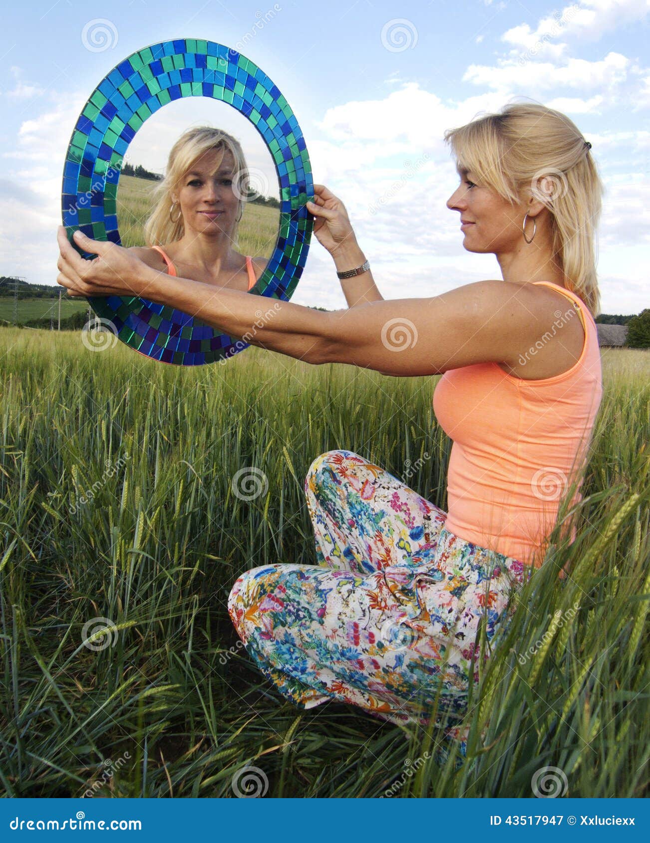 Sitting girl with a mirror stock image. Image of holding - 43517947