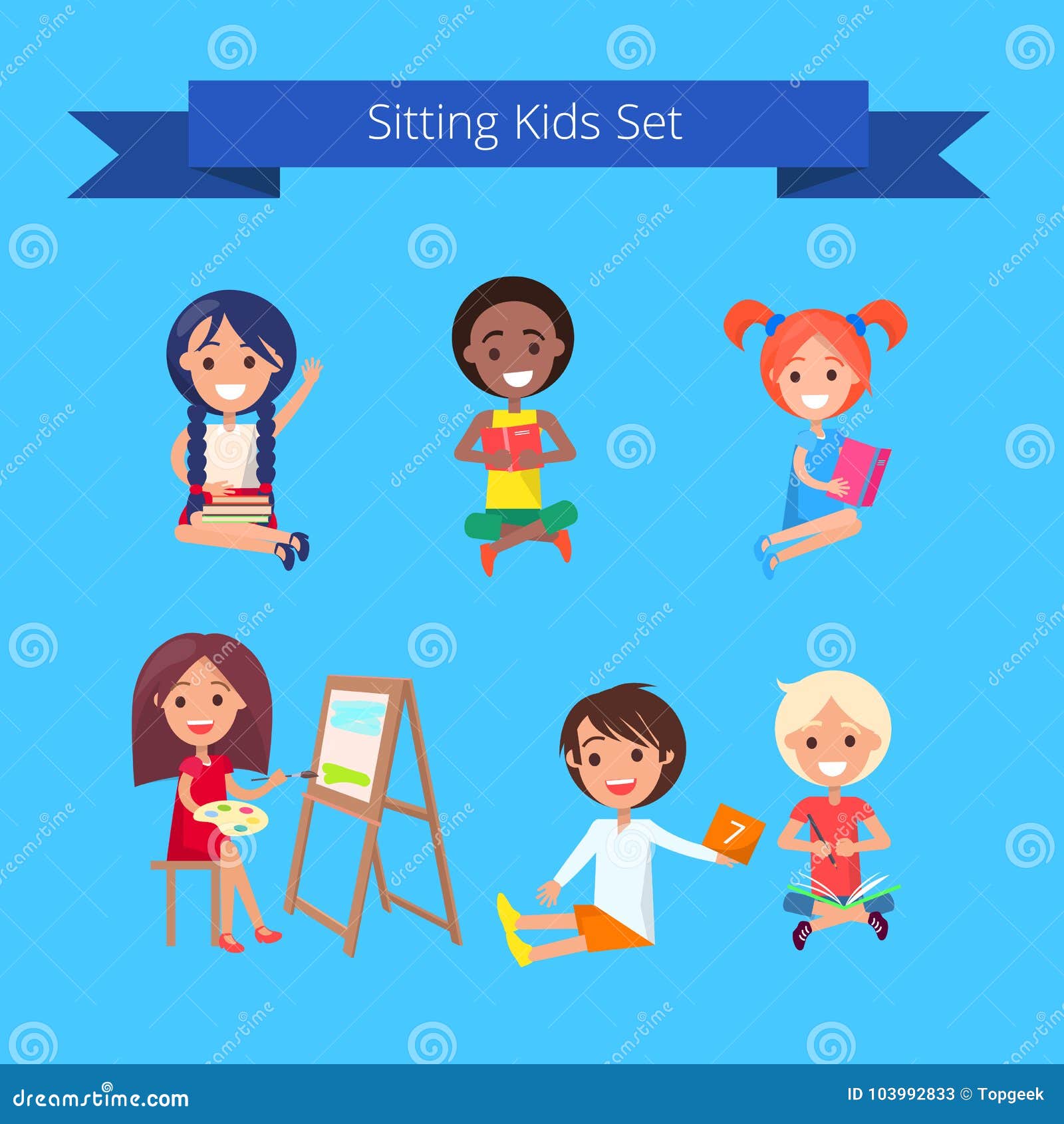 Sitting Kids Set Illustration on Light Blue Stock Vector - Illustration ...