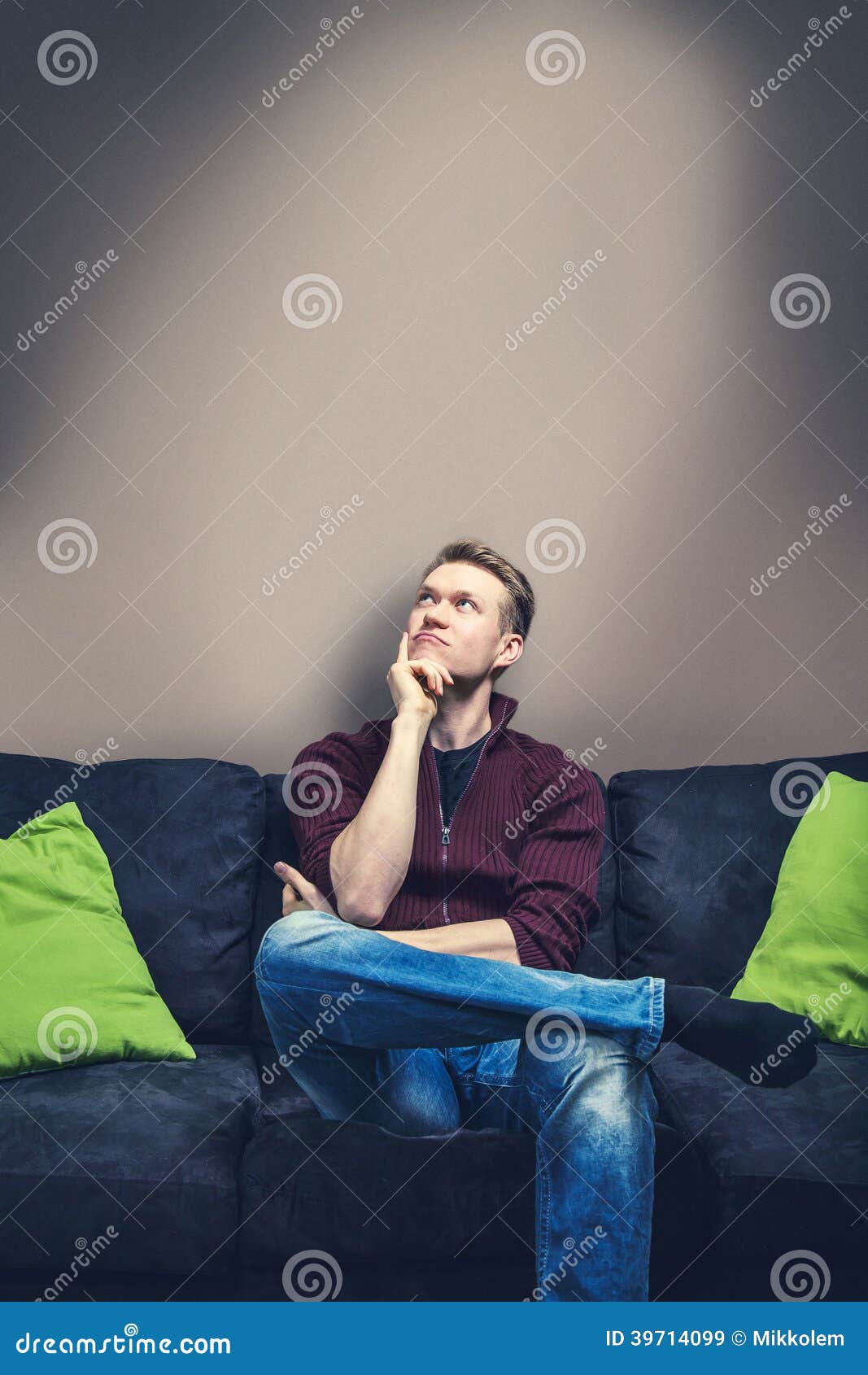 Sitting on sofa thinking stock image. Image of apartment - 39714099