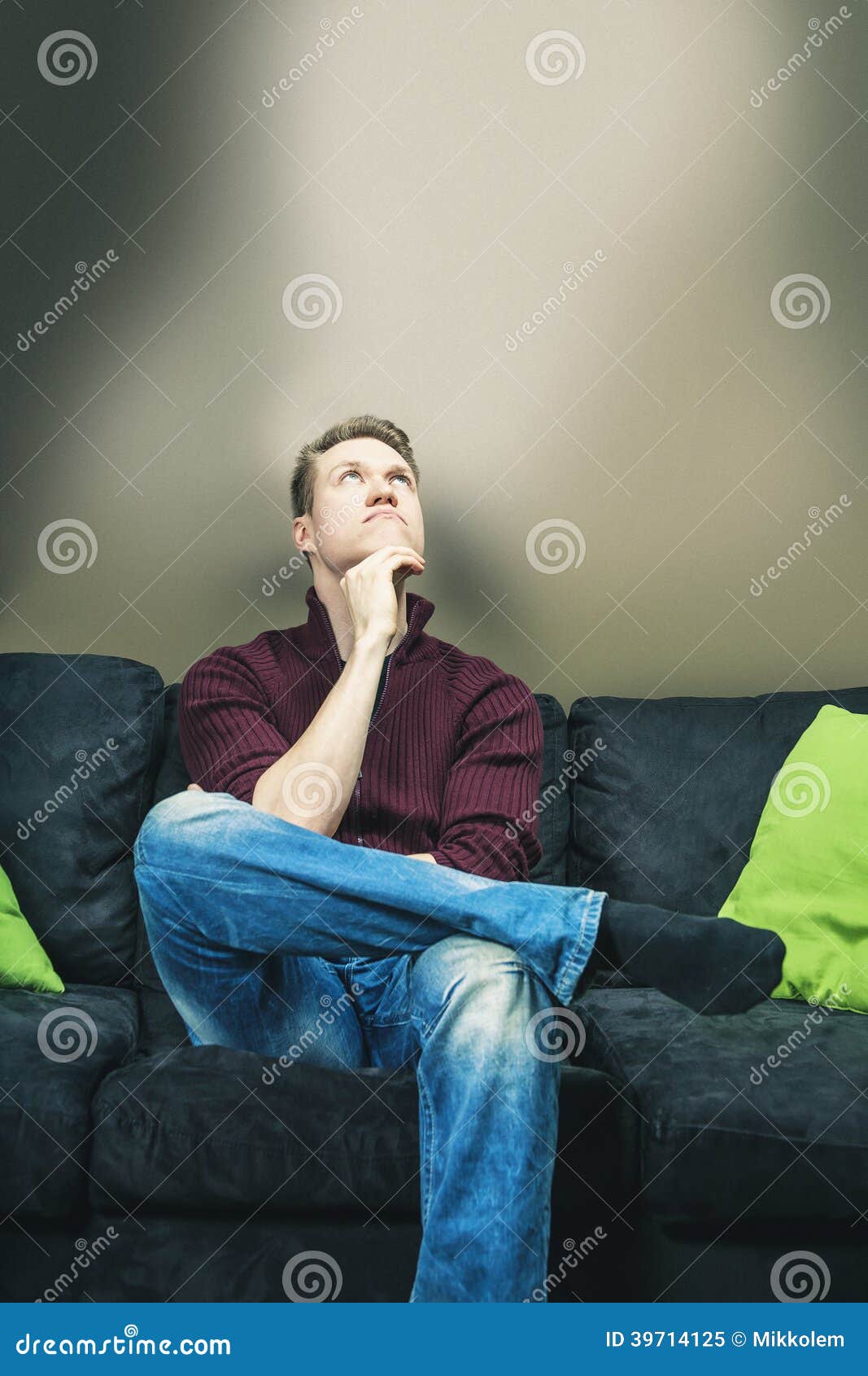 Sitting on sofa thinking stock image. Image of lifestyle - 39714125