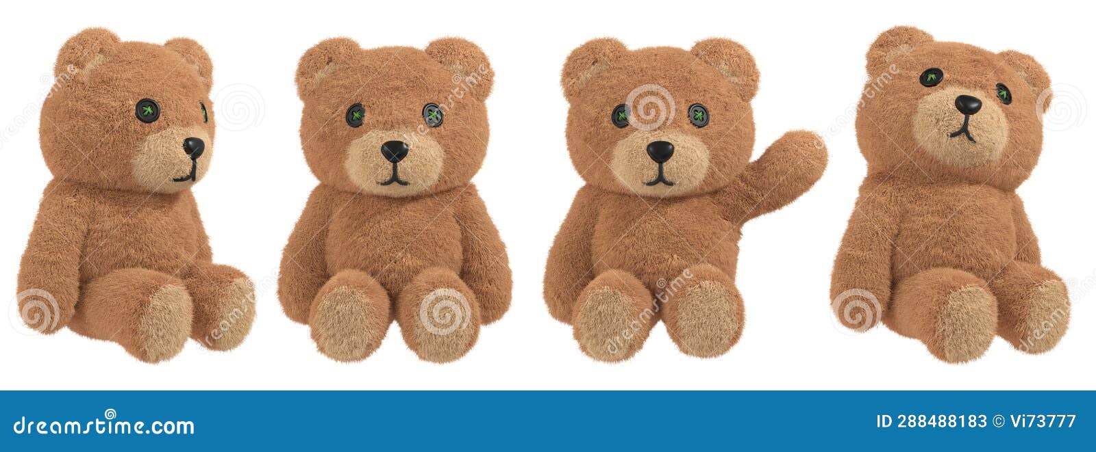 Sitting Teddy Bear Fluffy Toy With Button Eyes 3d Rendered Plush Character Set Stock