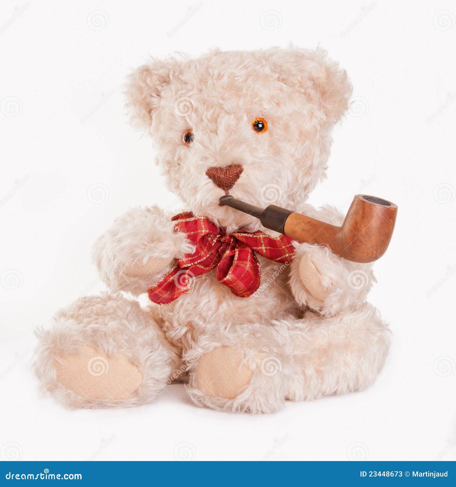 Sitting Teddy Bear with Red Bow and Wooden Pipe Stock Image - Image of ...