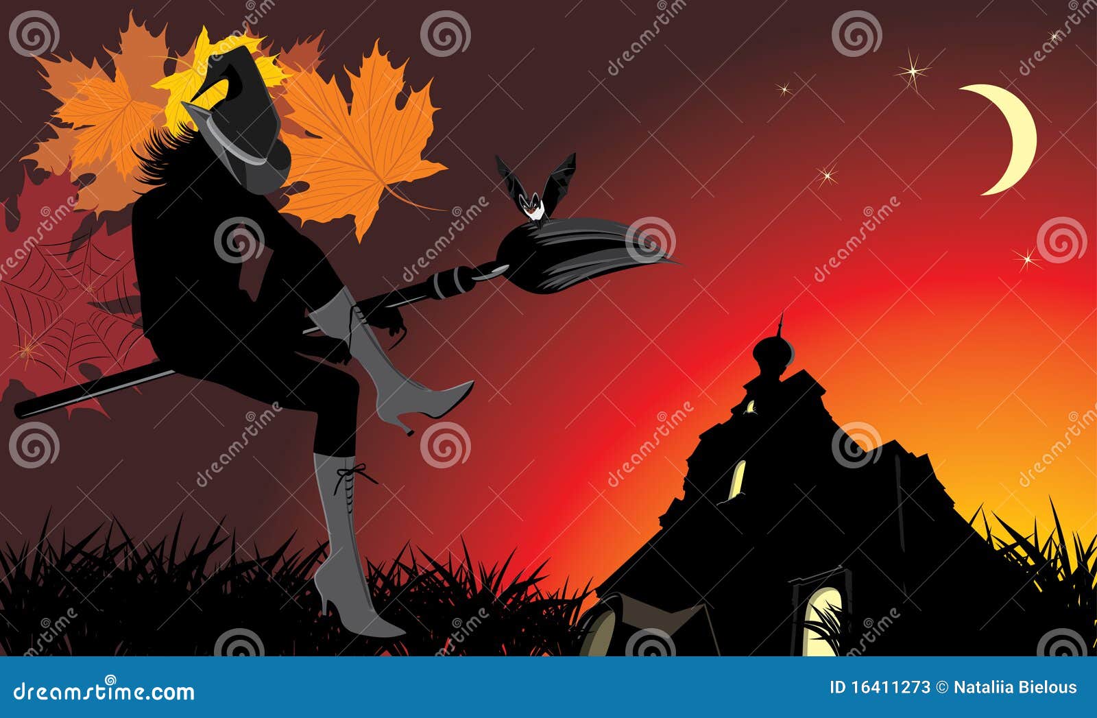 Sitting Witch on the Broom. Halloween Banner Stock Vector ...