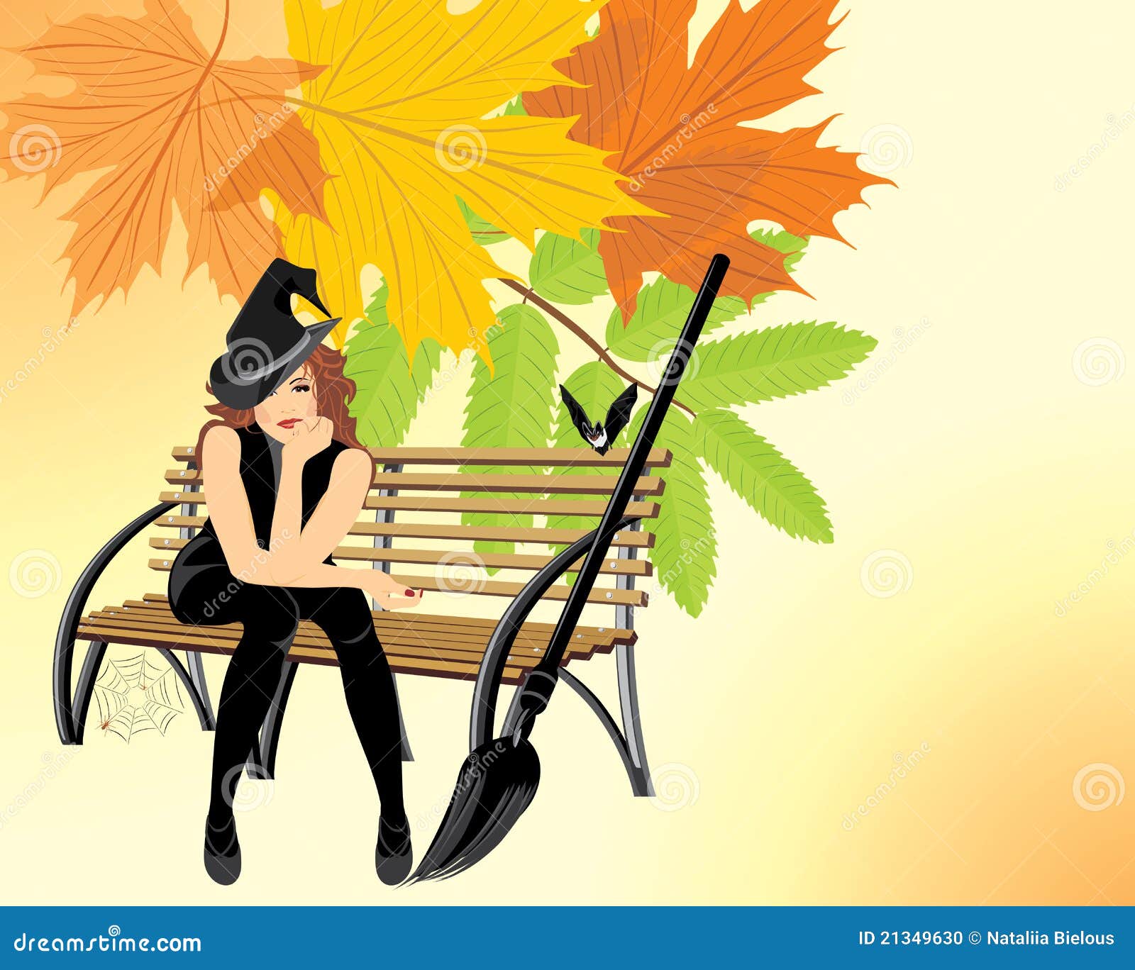 Sitting Witch on the Wooden Bench. Halloween Card Stock Vector ...
