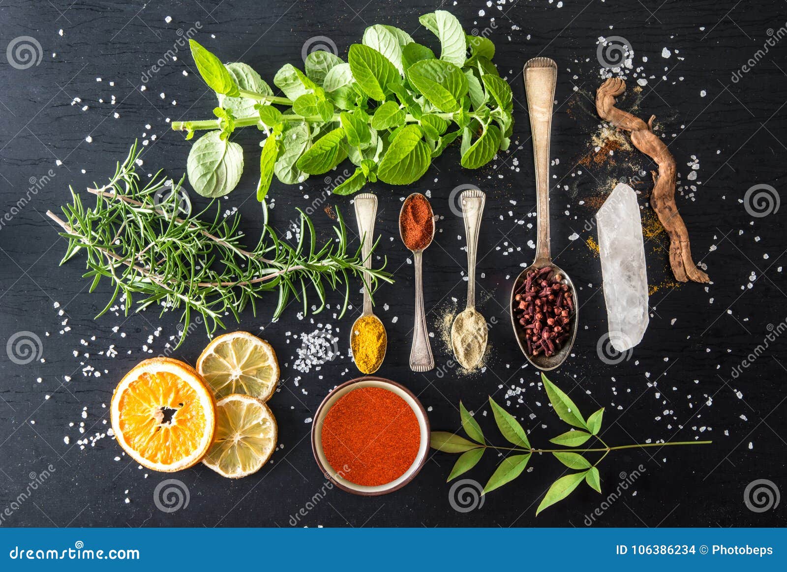Situation with Spices and Ingredients on Dark Background Stock Photo ...