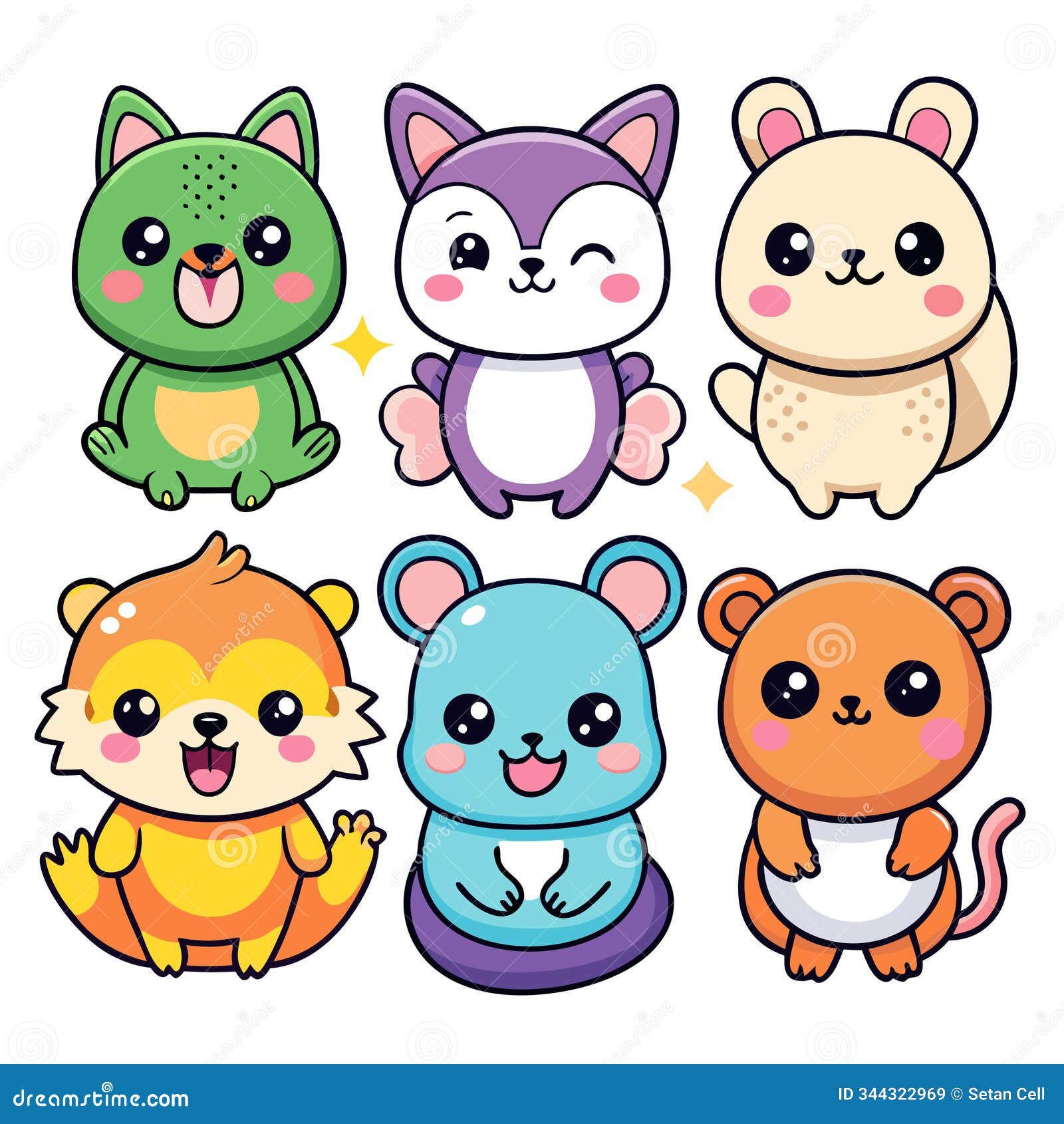 Six Adorable Cartoon Animals with Big Eyes. (1 Stock Vector ...