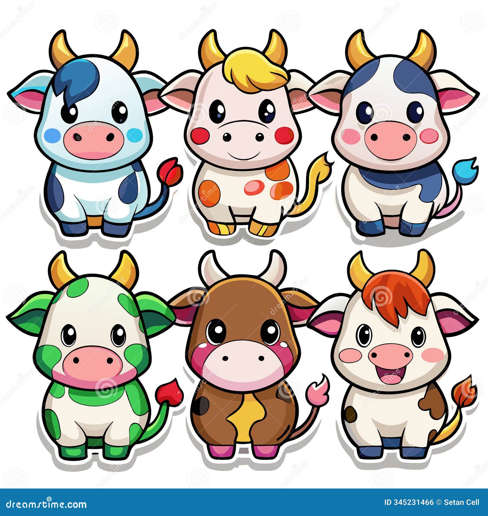 Six Adorable Cartoon Cows in Various Colors and Spots Stock Vector ...