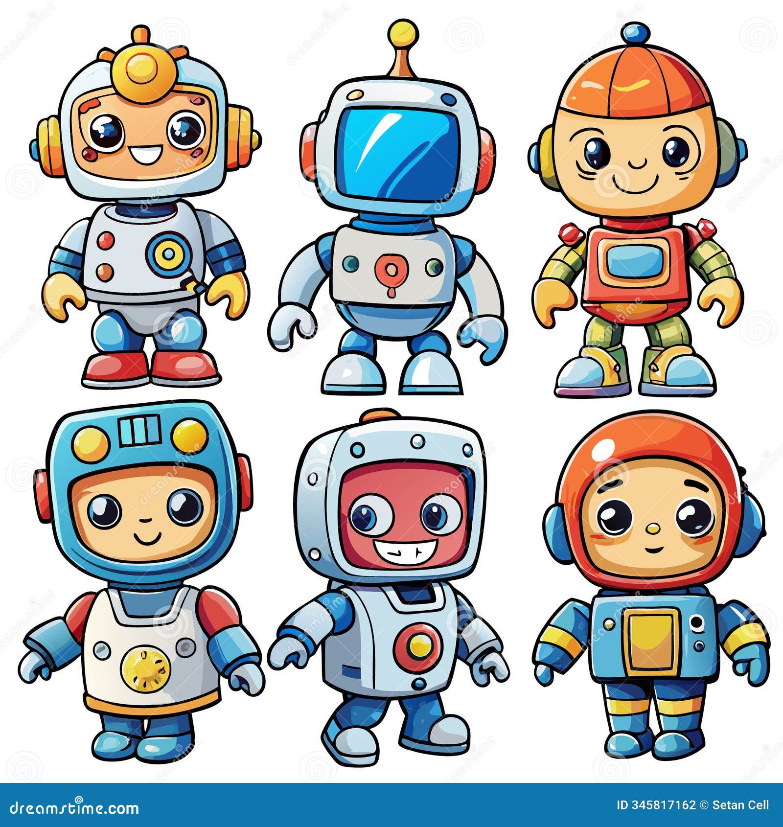 Six Adorable Cartoon Robots and Astronaut Stock Vector - Illustration ...