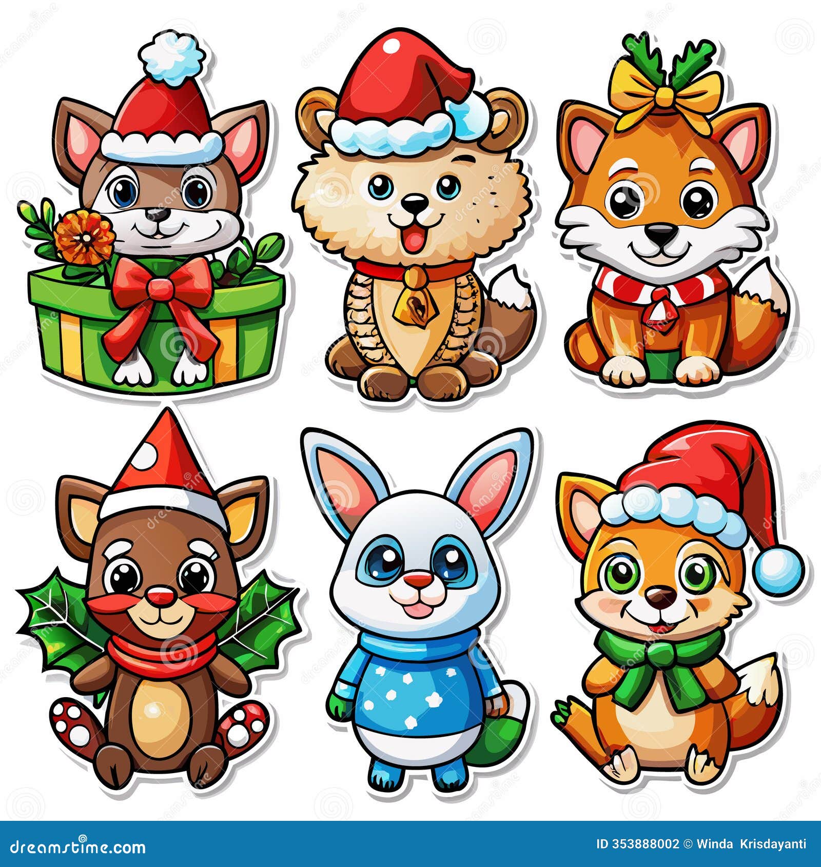 Six Adorable Christmas Animals Dog, Fox, Rabbit Stock Vector ...