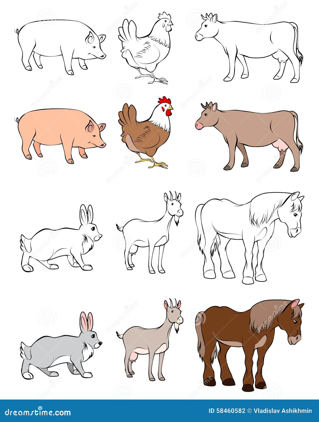 Six animals set stock vector. Illustration of chiken - 58460582