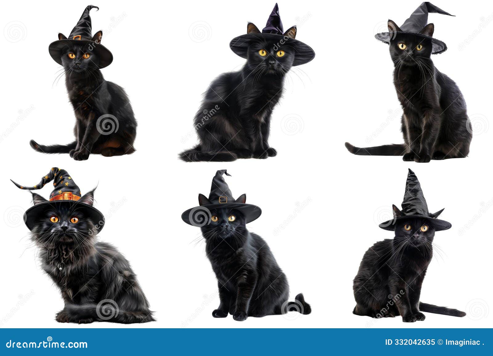 Six Black Cats Wearing Witch Hats Stock Illustration - Illustration of ...