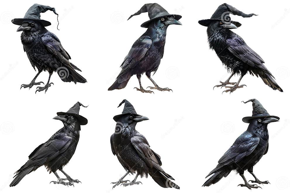 Six Black Crows Wearing Witch Hats Stock Illustration - Illustration of ...