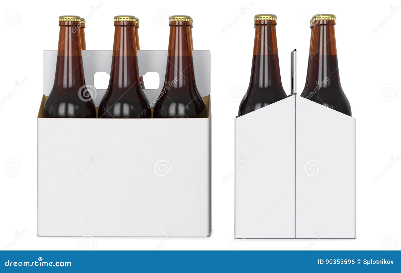 Six Brown Beer Bottles in White Corton Pack. Side View and Front View ...