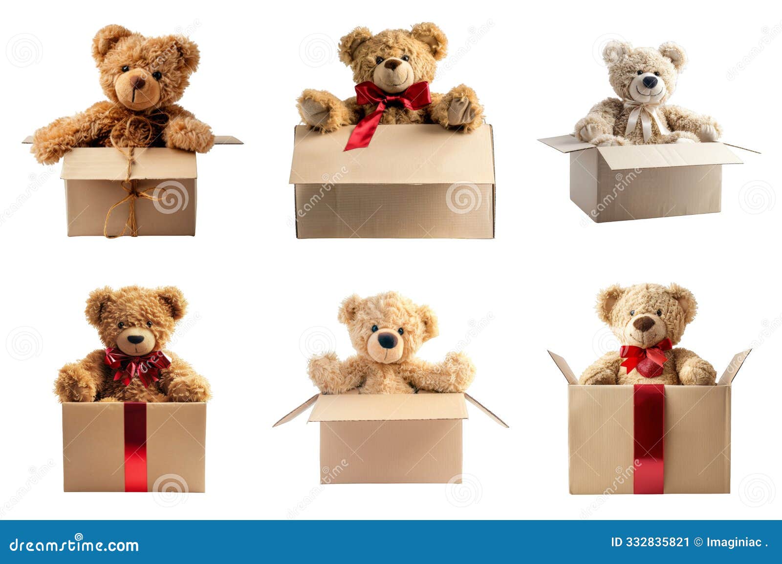 Six Brown Teddy Bears in Cardboard Boxes with Red Ribbons Stock Image ...