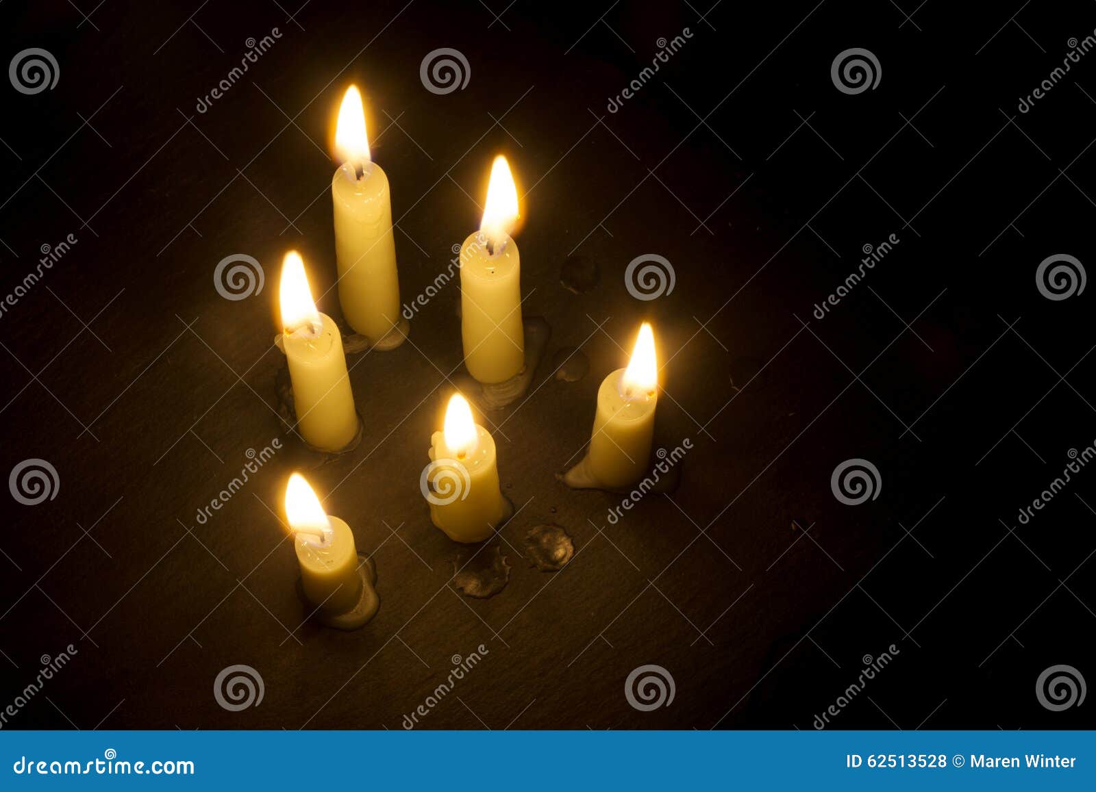 Six Burning Candles on Black, View from Above, Copy Space Stock Photo ...