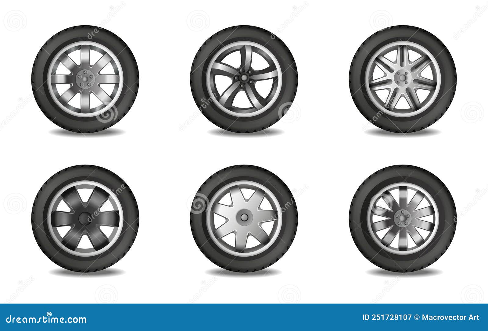 Six Car Wheels Realistic Set Stock Vector - Illustration of tread ...