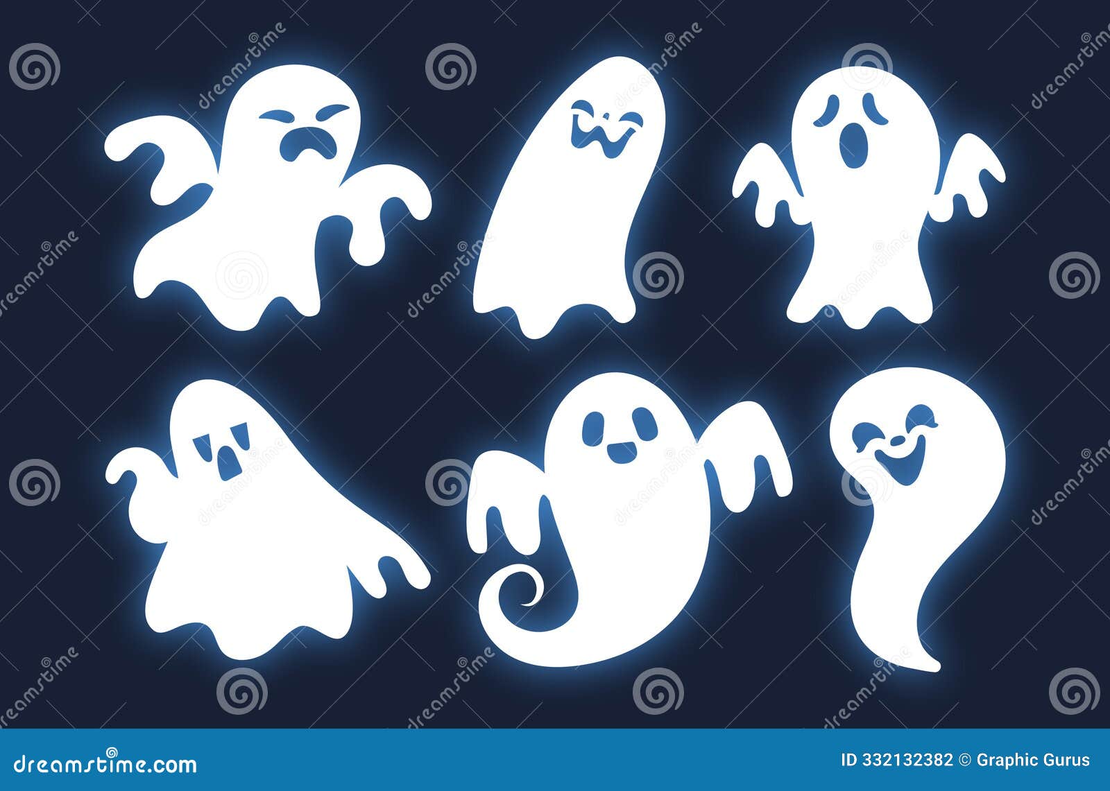 Six Cartoon Ghosts are Floating and Making Different Faces, from Happy ...