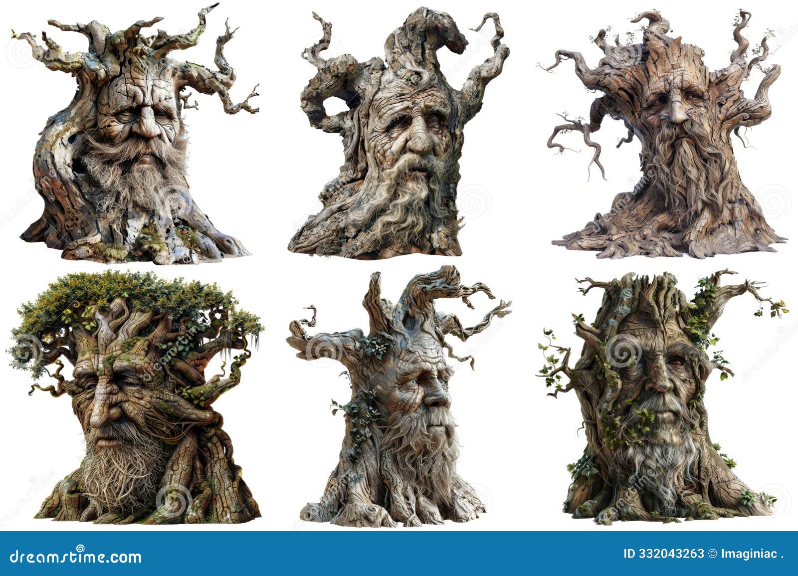 Six Carved Wooden Trees with Human Faces and Beards Stock Illustration ...