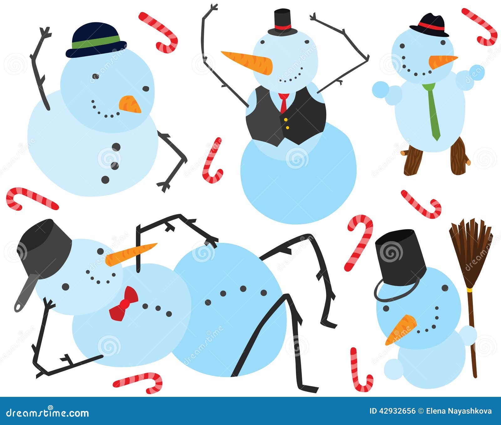 Six Christmas Snowmen Characters Stock Illustration - Illustration of ...