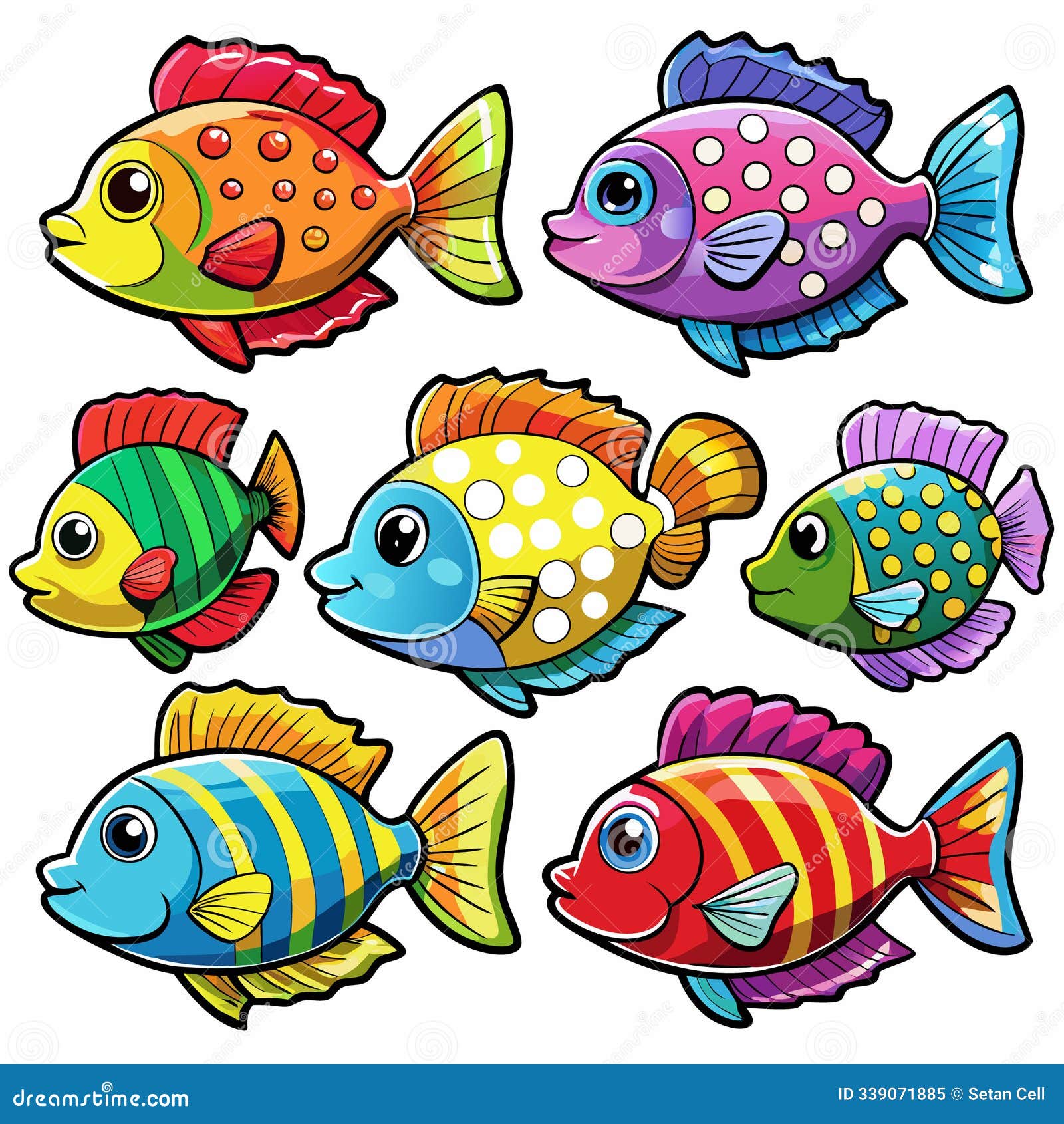 Six Colorful Cartoon Fish with Different Patterns and Colors Stock ...