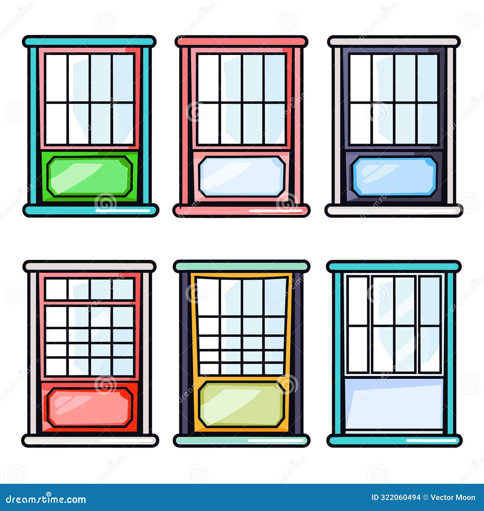 Six Colorful Cartoonstyle Windows Displayed Two Rows Three, Window ...