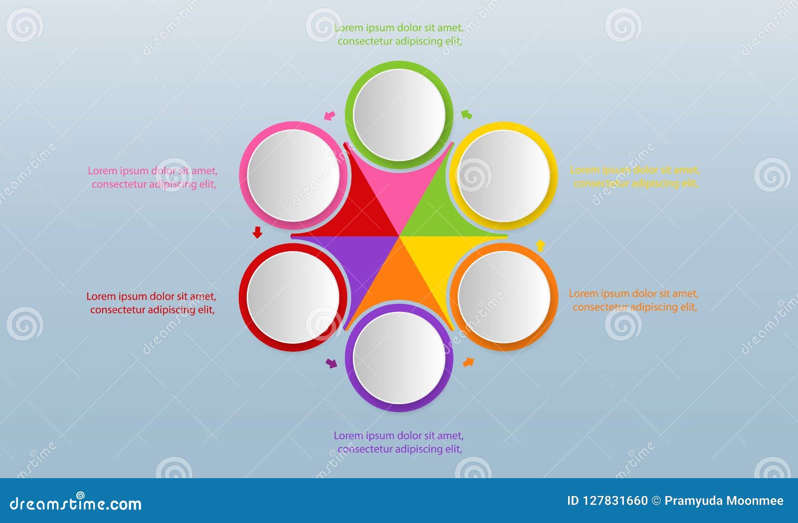 Six Colorful Circles with Icons Inside and Text Boxes Placed Around ...