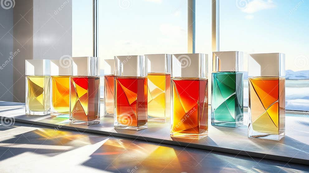 Six Colorful Fragrances Displayed on a White Surface Stock Photo ...