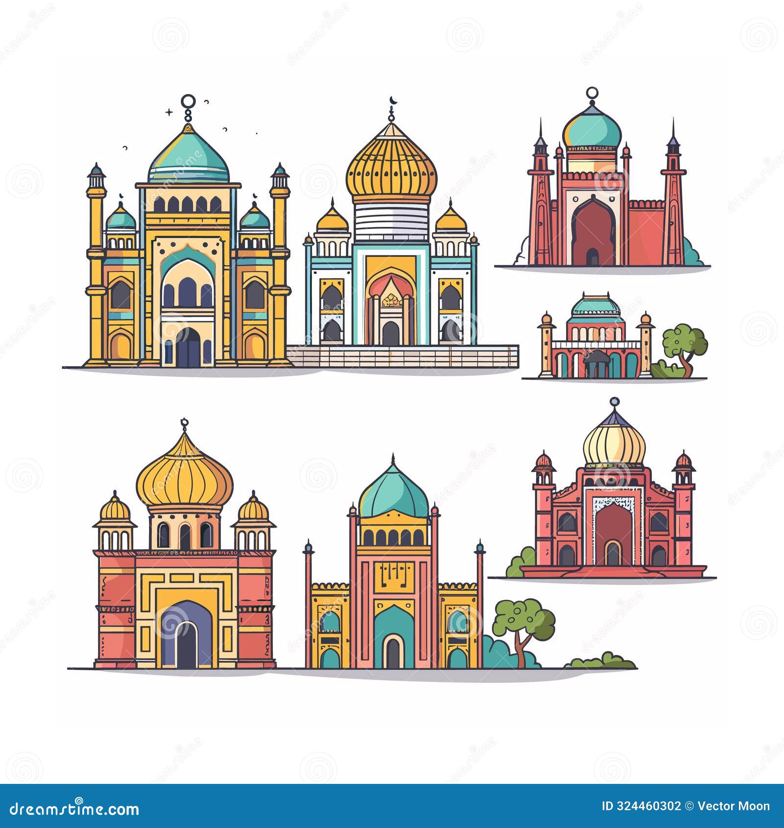 Six Colorful Mosques Vector Illustrations Displayed, Mosque Features ...