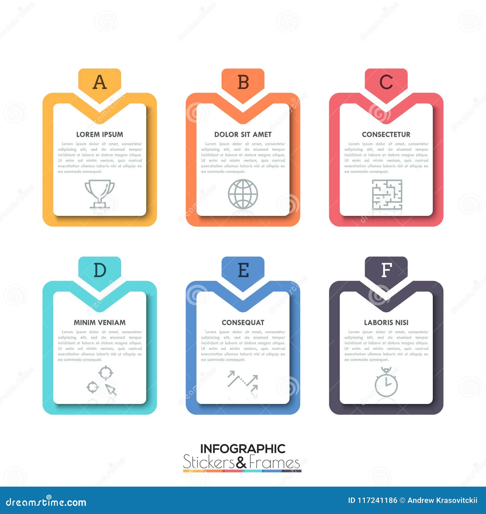 Six Colorful Rectangular Elements with Letters, Text Boxes and Thin ...