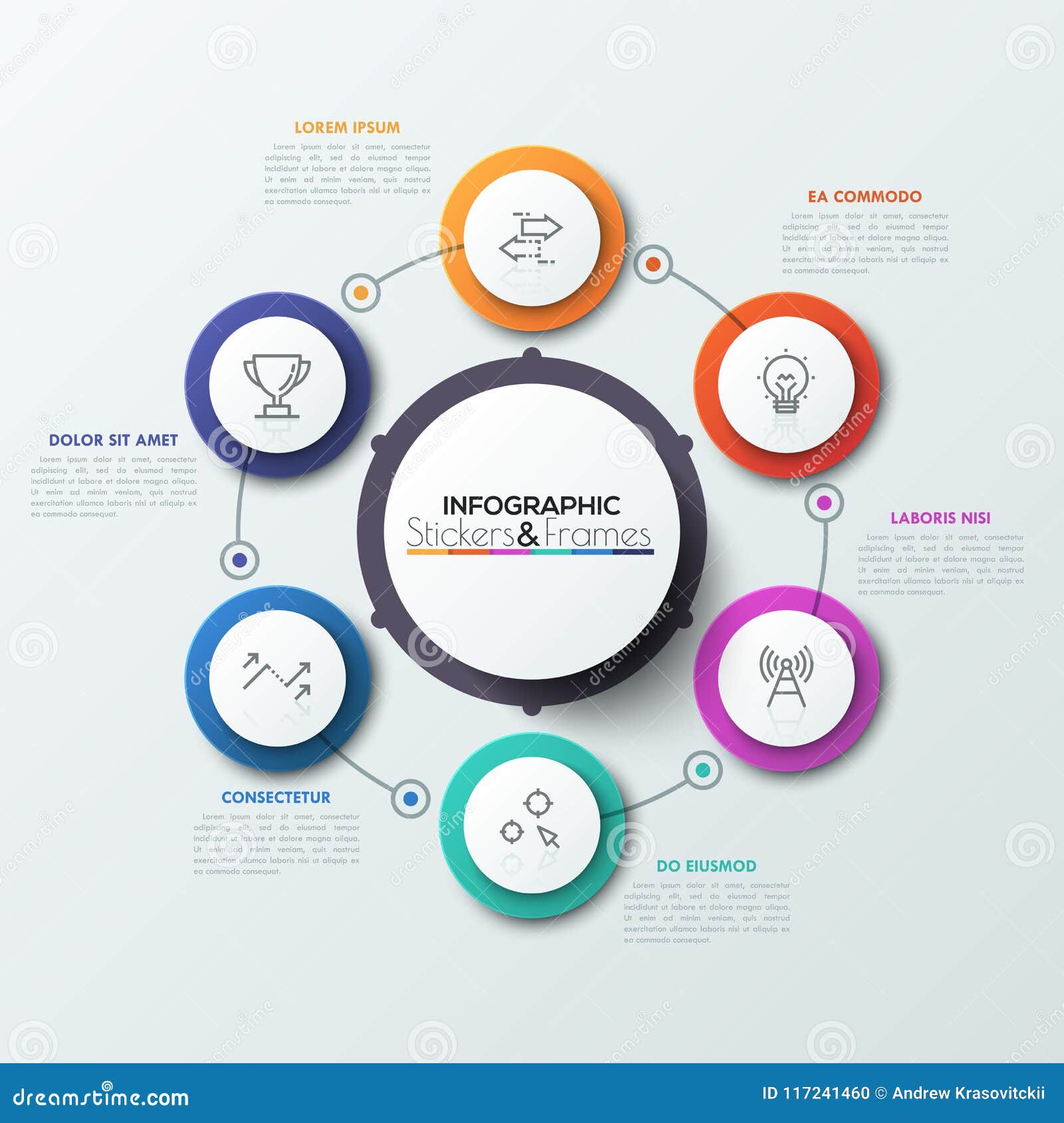 Six Colorful Round Elements with Thin Line Symbols Inside Placed Around ...