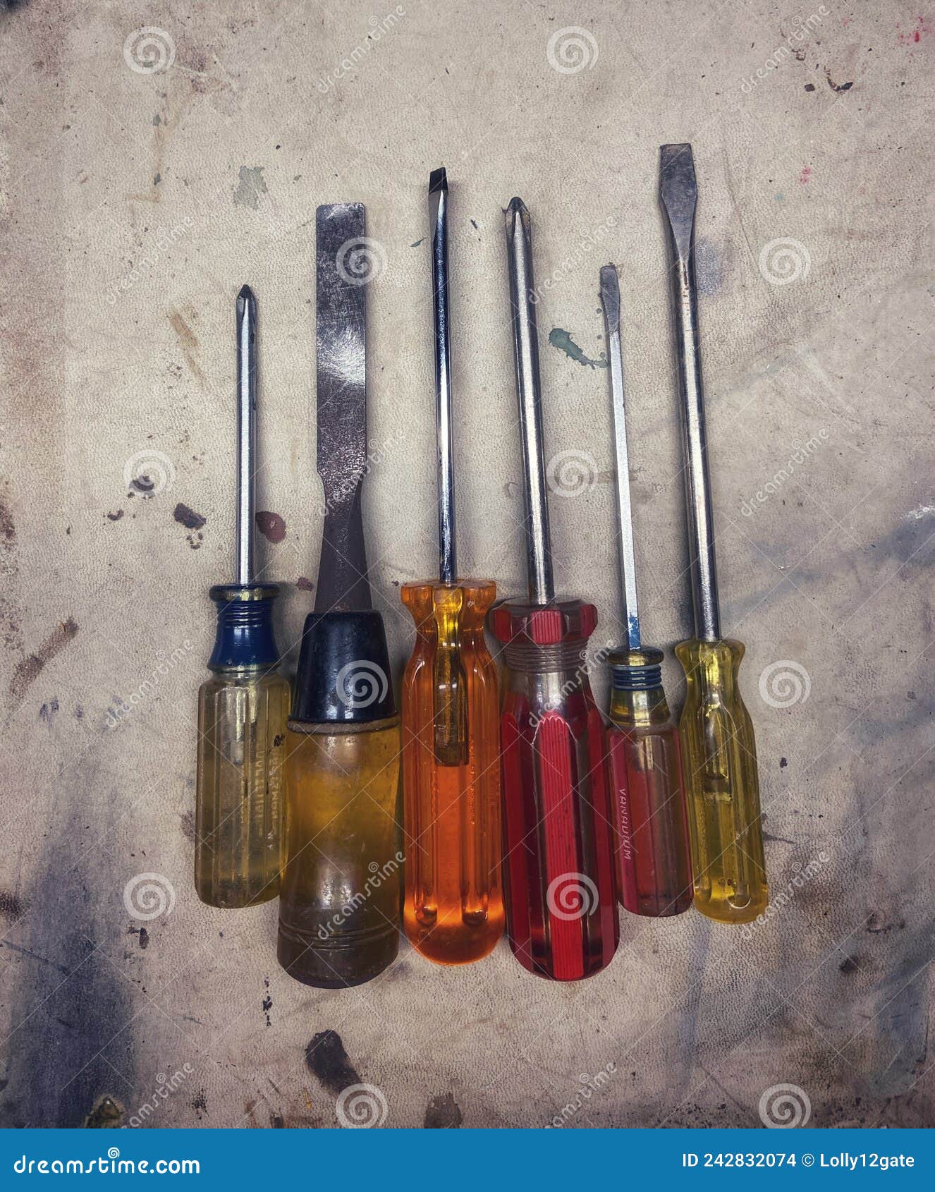 Six Colorful Screwdrivers Lined Up on a Work Surface. Stock Photo ...