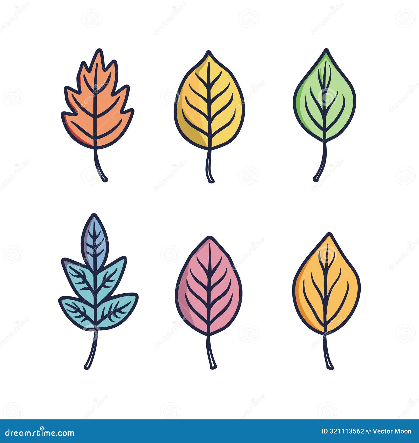 Six Colorful Stylized Leaves Arrange Horizontally Two Rows, Leaf Has ...