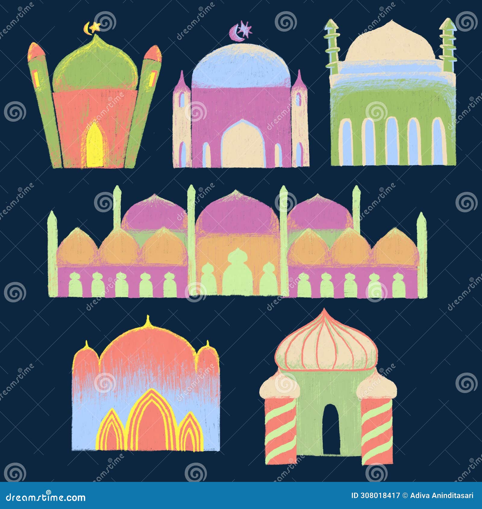 Six Colourful Masjid Mosque Illustration Stock Vector - Illustration of ...