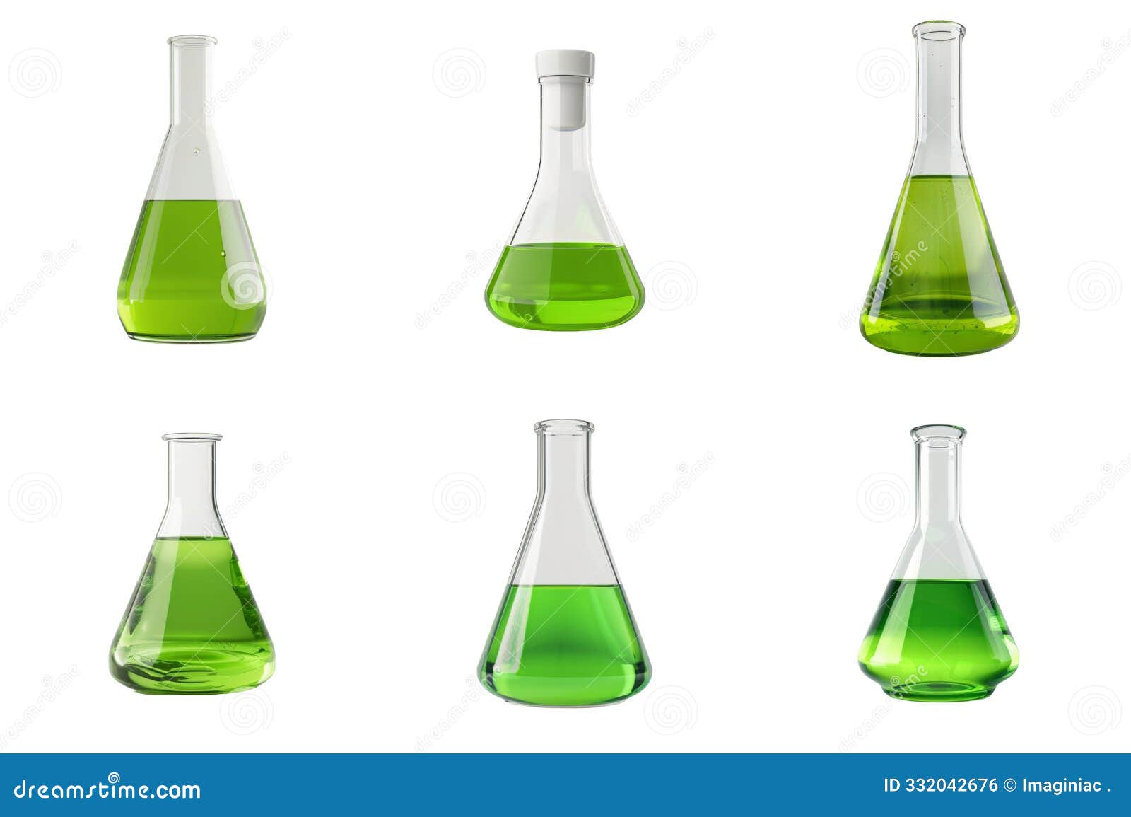 Six Conical Flasks Filled with Green Liquid on White Background Stock ...